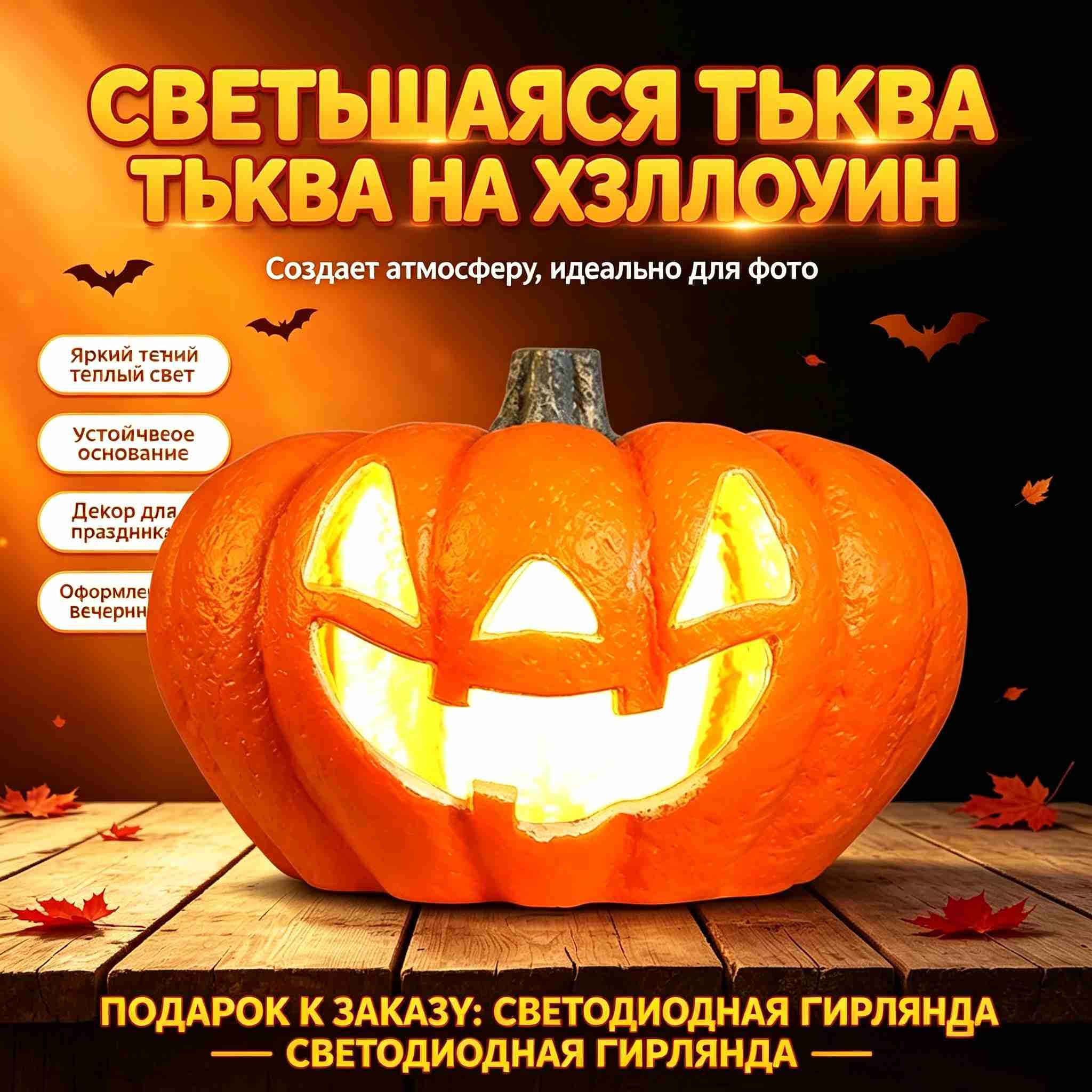 Светящаяся тыква на Хэллоуин с LED подсветкой, декор для дома, сада и вечеринок