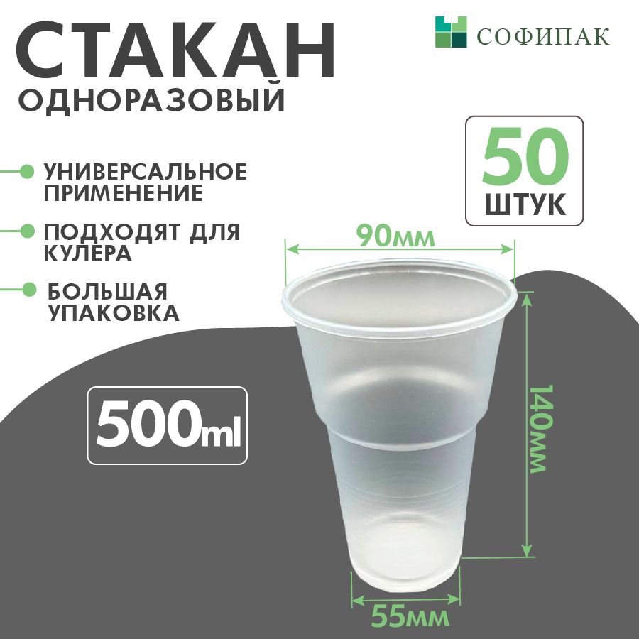 Стаканы одноразовые пластиковые 500 мл 50 шт прозрачные для рассады, лимонадов, пивные стаканы