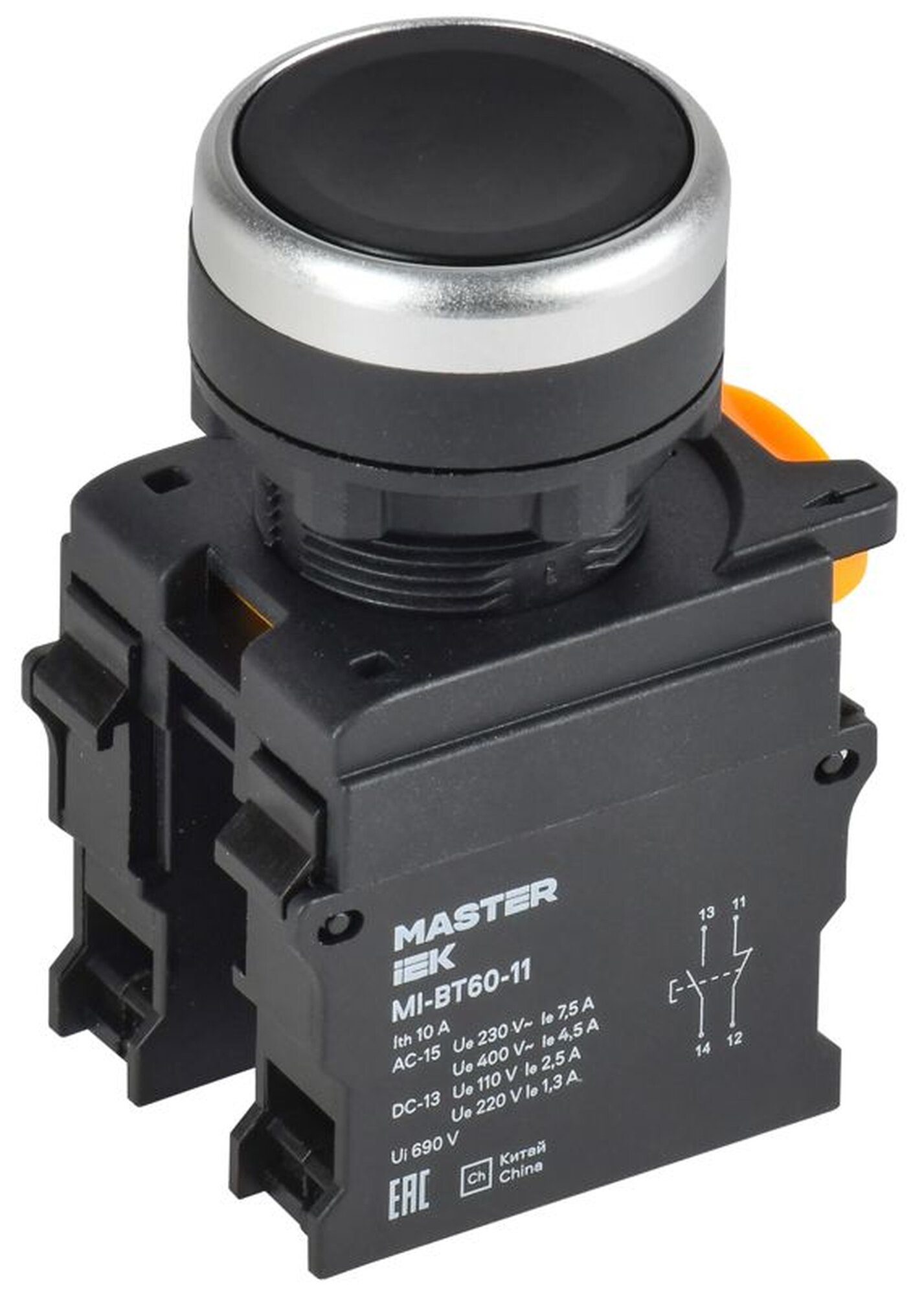 Кнопка IEK, d22мм, 1НО+1НЗ MASTER, черный, IEK MI-BT60-11-3-22-K02