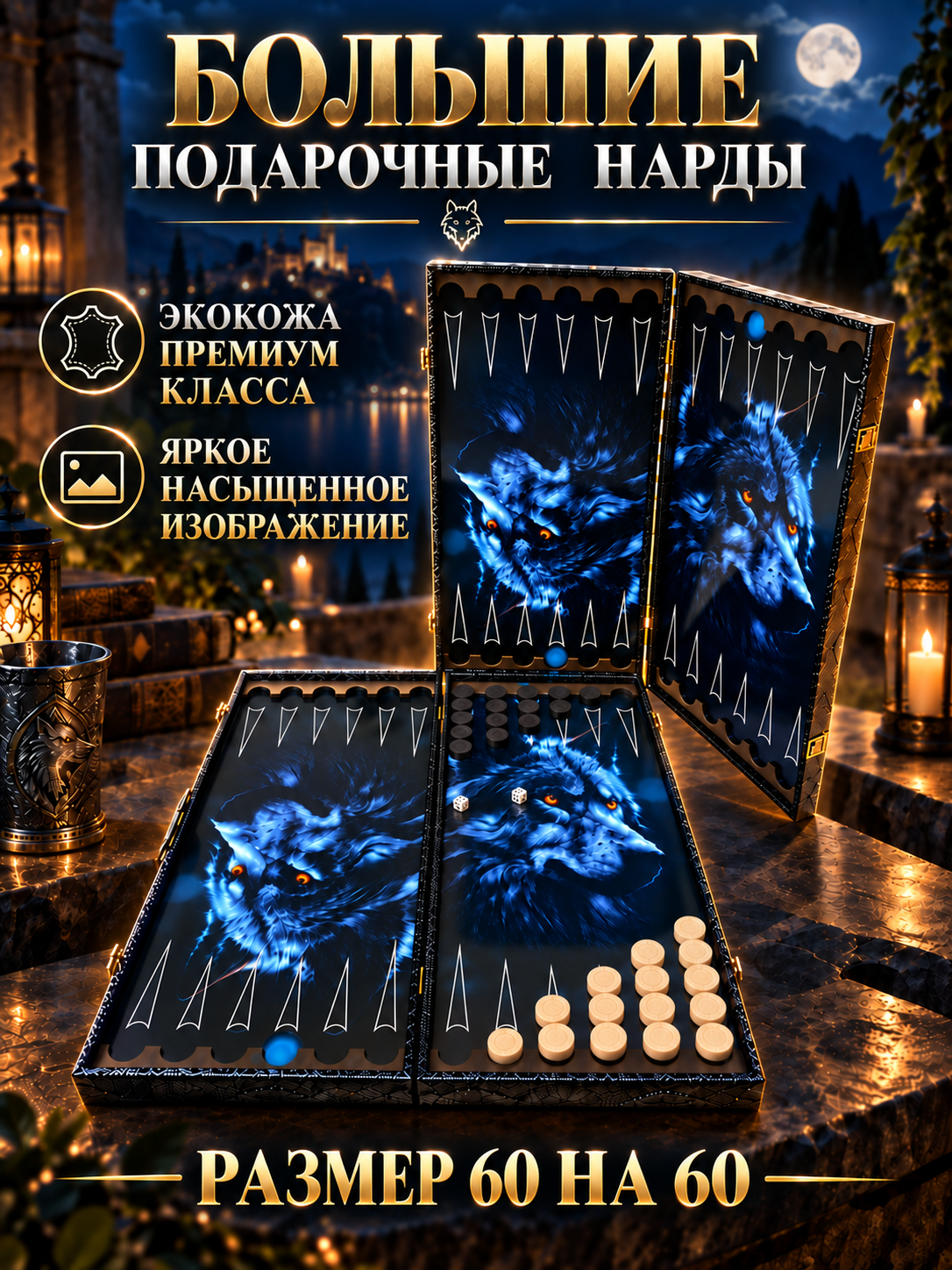 Нарды большие кожаные "Волк KA", размер 60 на 60, с ручкой для переноски, обтянуты экокожей премиум класса