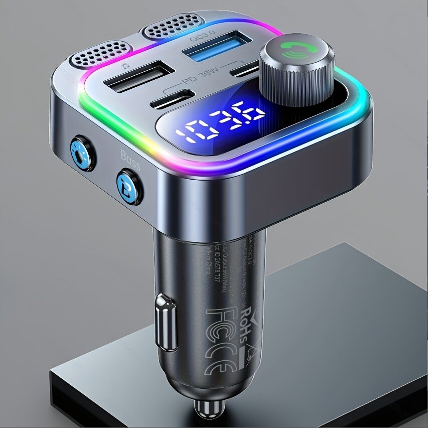 Автомобильный FM-трансмиттер с поддержкой Bluetooth 5.4 и быстрой зарядкой PD/QC3.0, серый