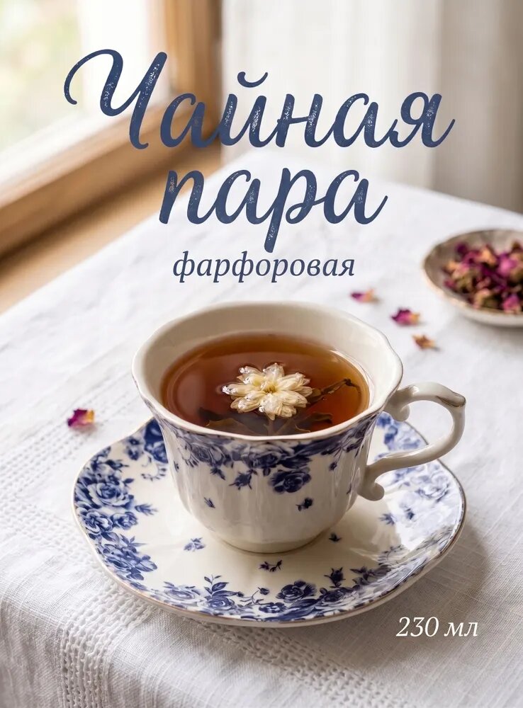 Чайная пара «Синяя роза», 2 предмета: блюдце d=15.5 см, чашка 230 мл, фарфор, молочная, синяя