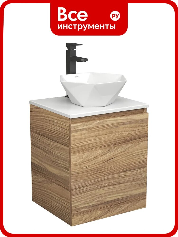 Тумба Bauedge Bau Dream Blackwood 50 с дверцей, раковина BAU Crystal 40х40, смеситель для раковины высокий Hotel Black, черный SD3095