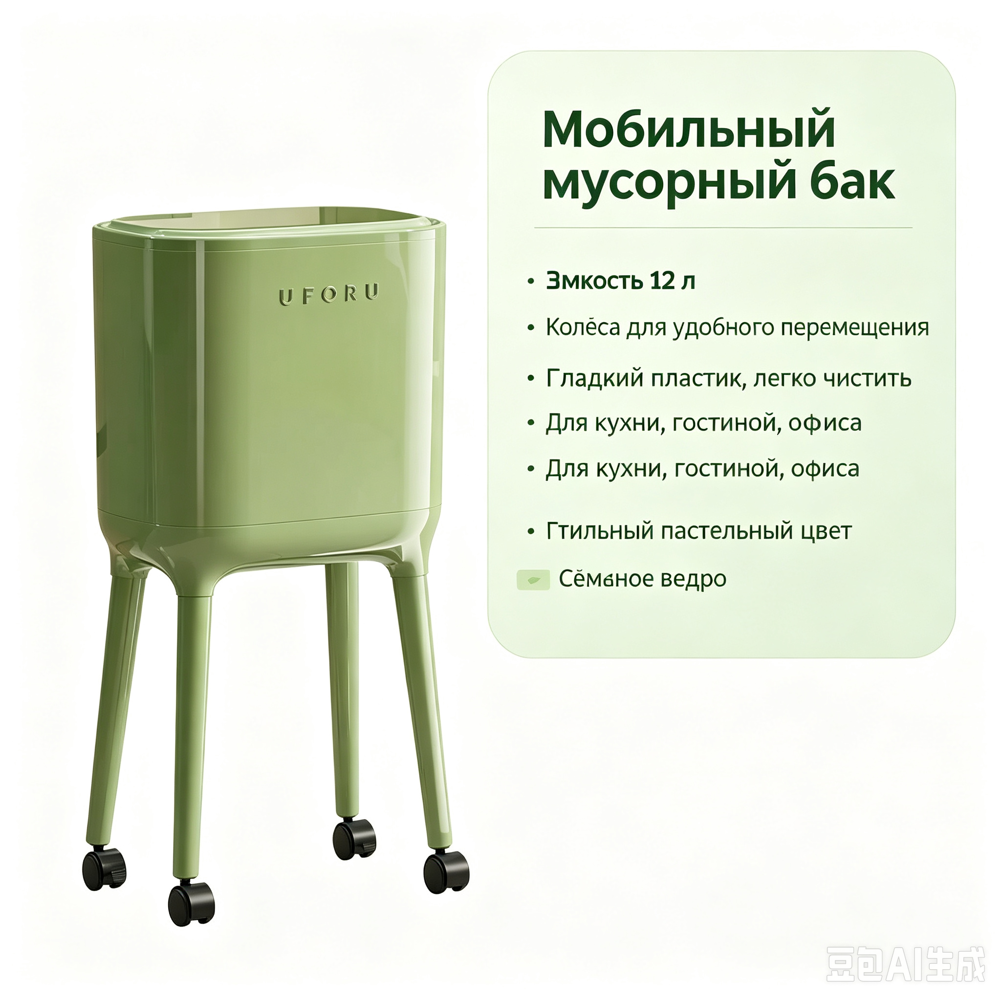 Высокая Мусорная Корзина с Крышкой (Люкс) - Напольная, С Колесиками, Для Кухни и Гостиной,1, зеленый,67.5,36,23.5
