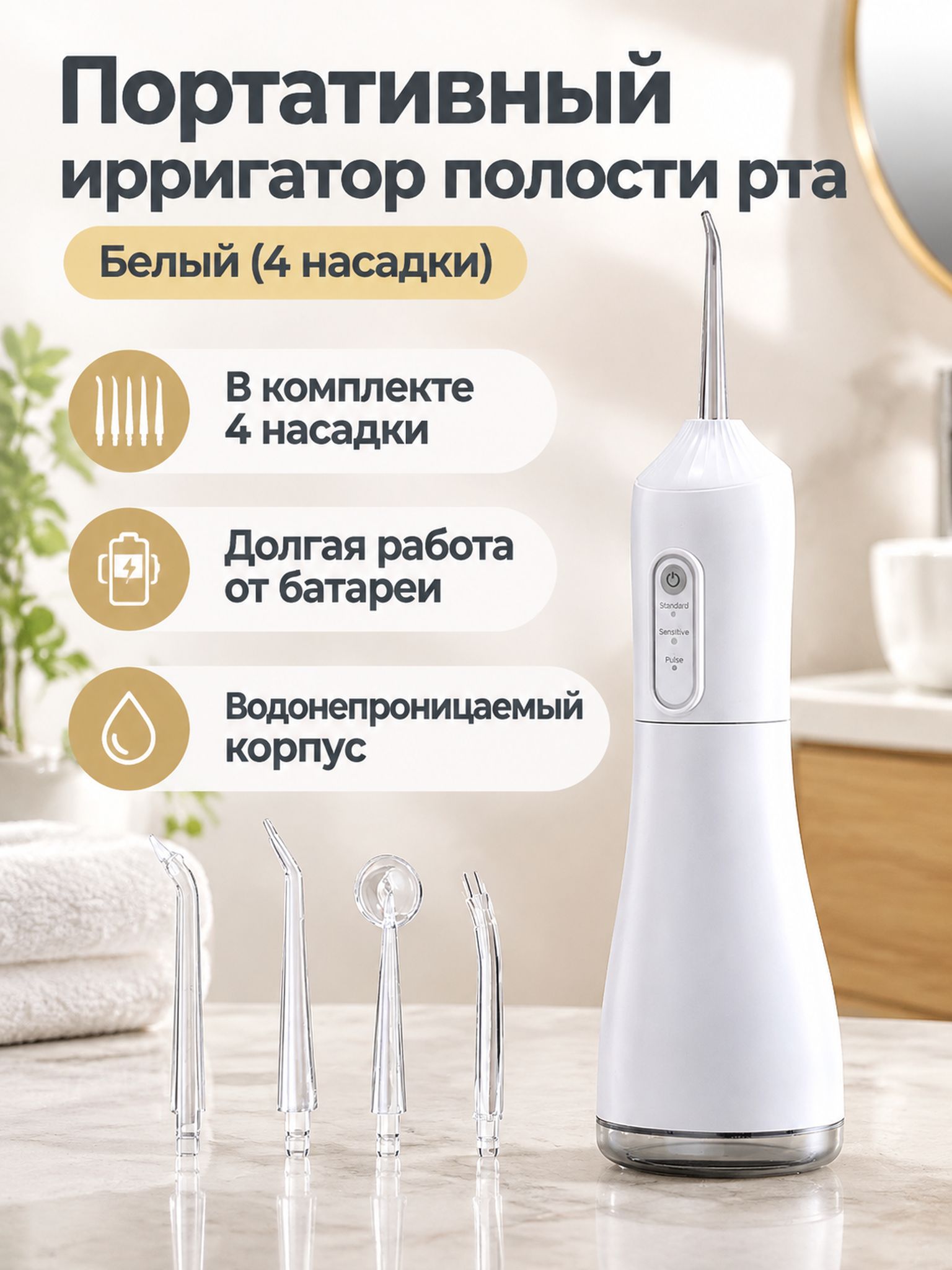 Ирригатор полости рта портативный электрический VHG S88 белый с 4 насадками