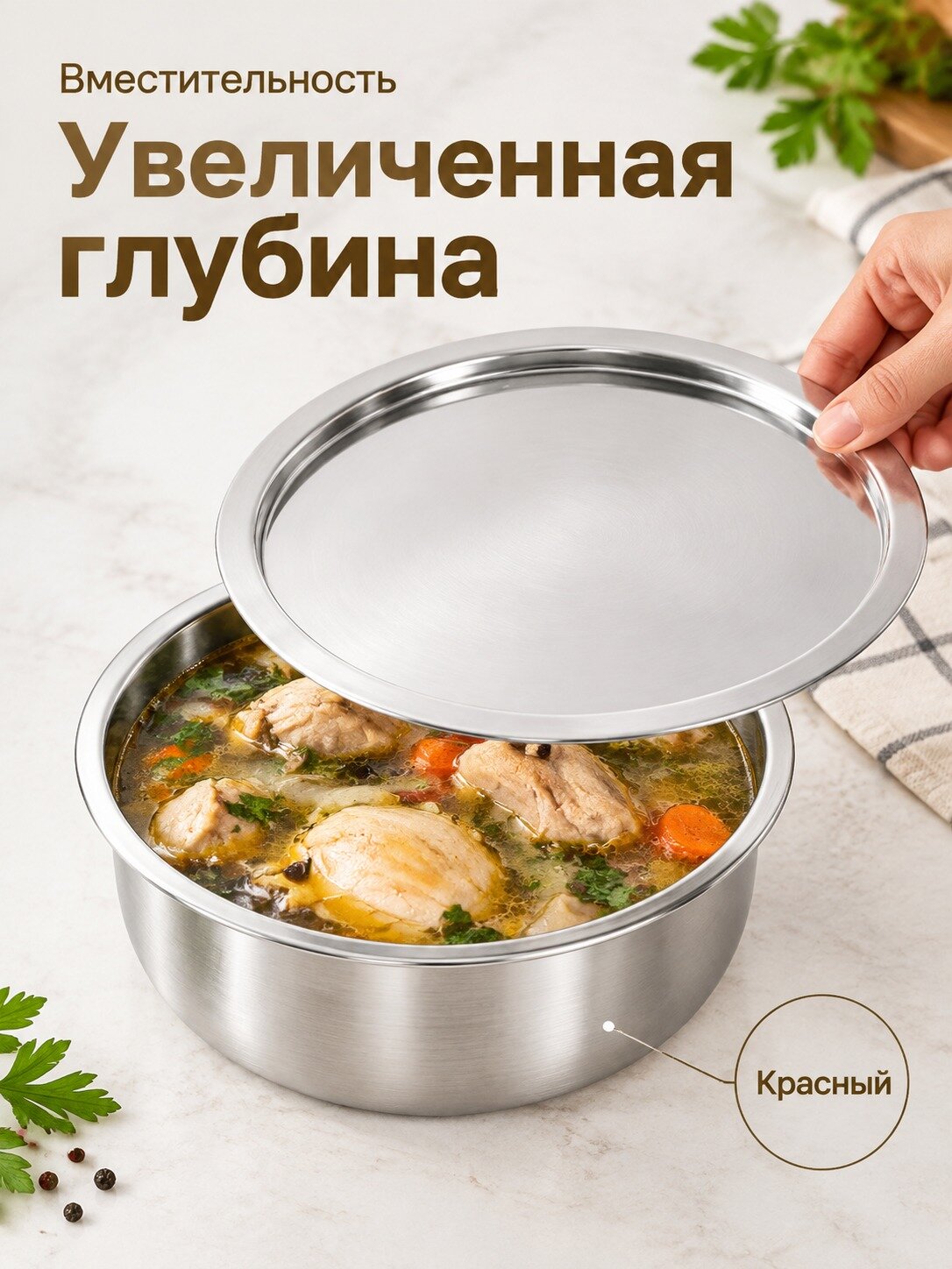 Паровой лоток из нержавеющей стали с крышкой, утолщённый и глубокий, 22 см