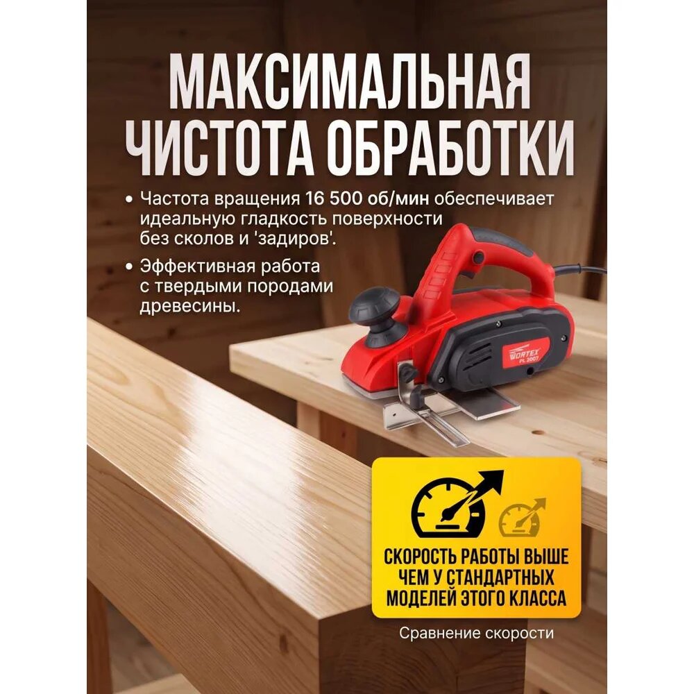 Электрорубанок WORTEX PL 2007, надежный простой, щеточный двигатель, глубина строгания, пылесборник в комплекте — фото 1