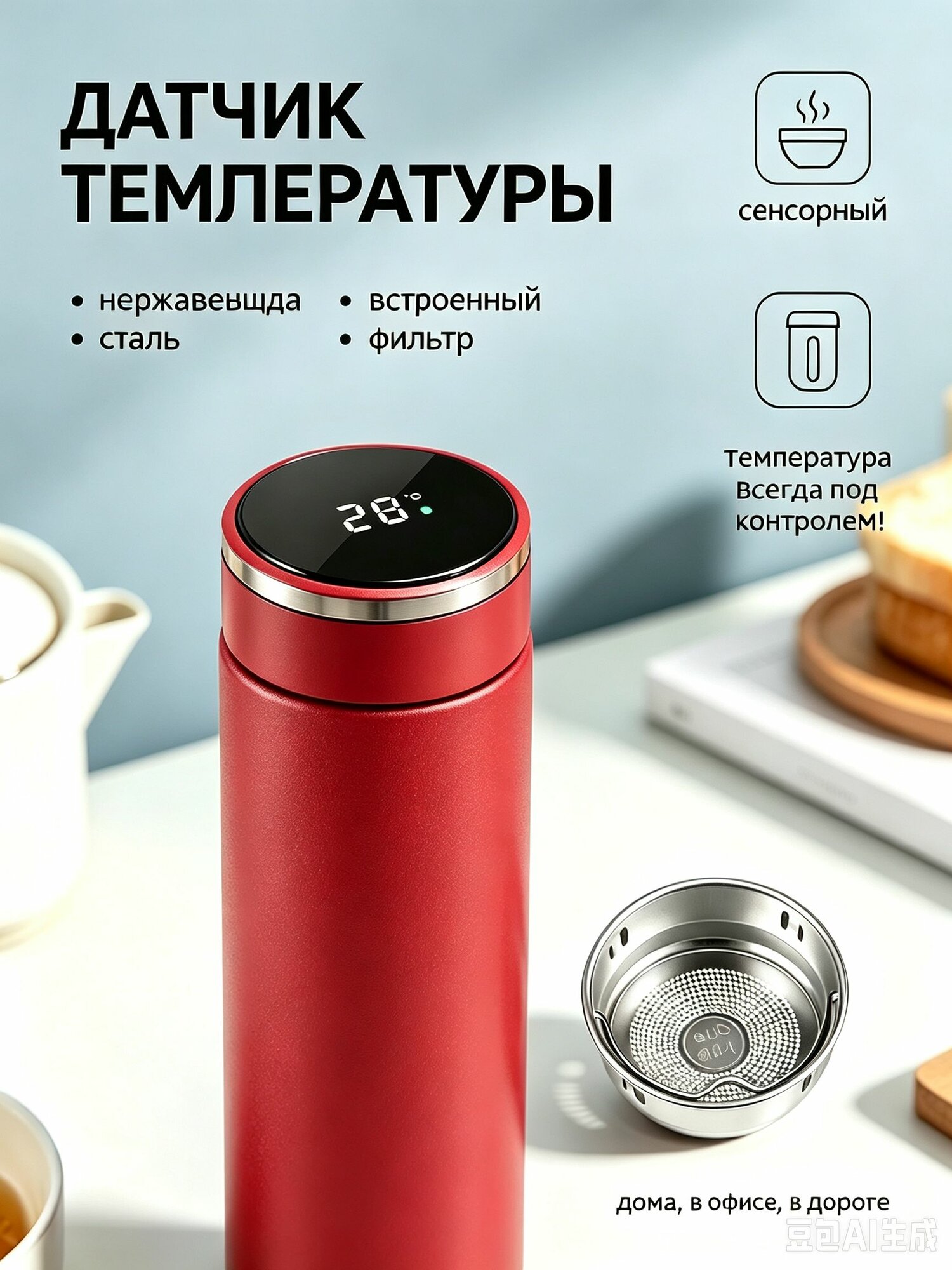 Термос 0.5 л, холод 15 ч, тепло 12 ч, с ситечком, красный