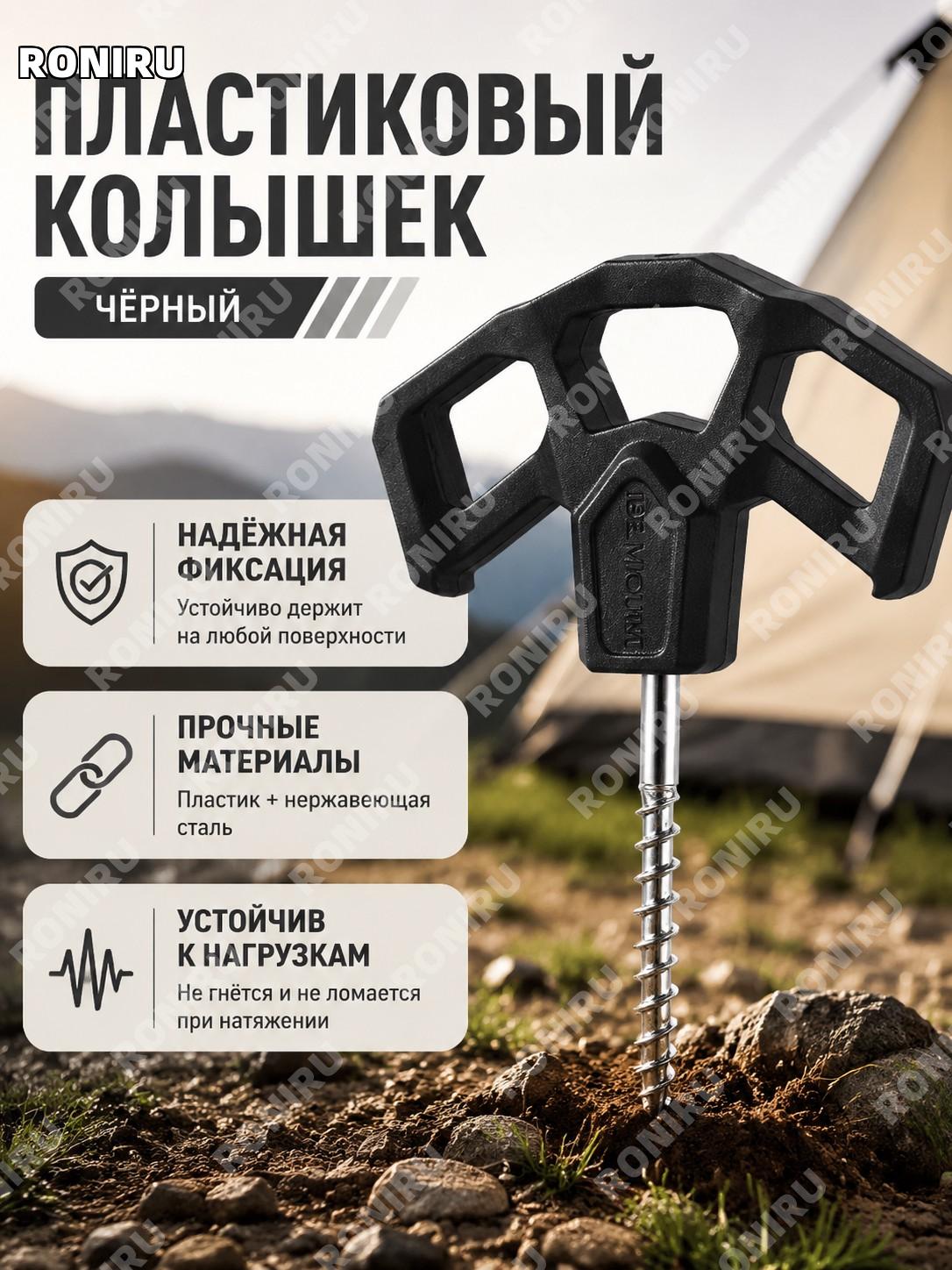 Пластиковый ручной колышек для грунта с винтовой резьбой чёрный для палатки тента кемпинга с нержавеющей сталью