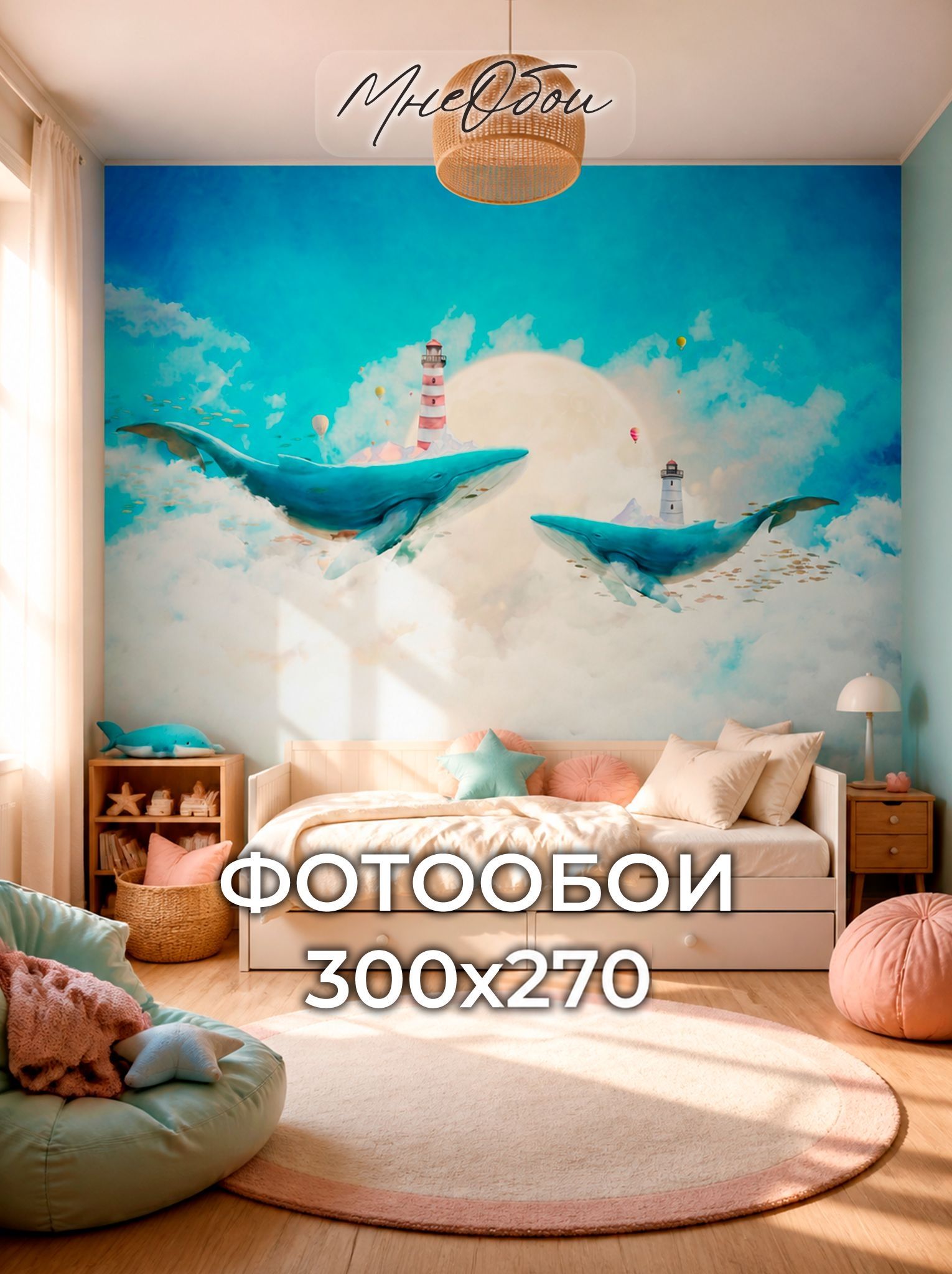 Фотообои на стену в детскую 3d 300х270 (ШхВ) фото обои для мальчика и девочки, киты