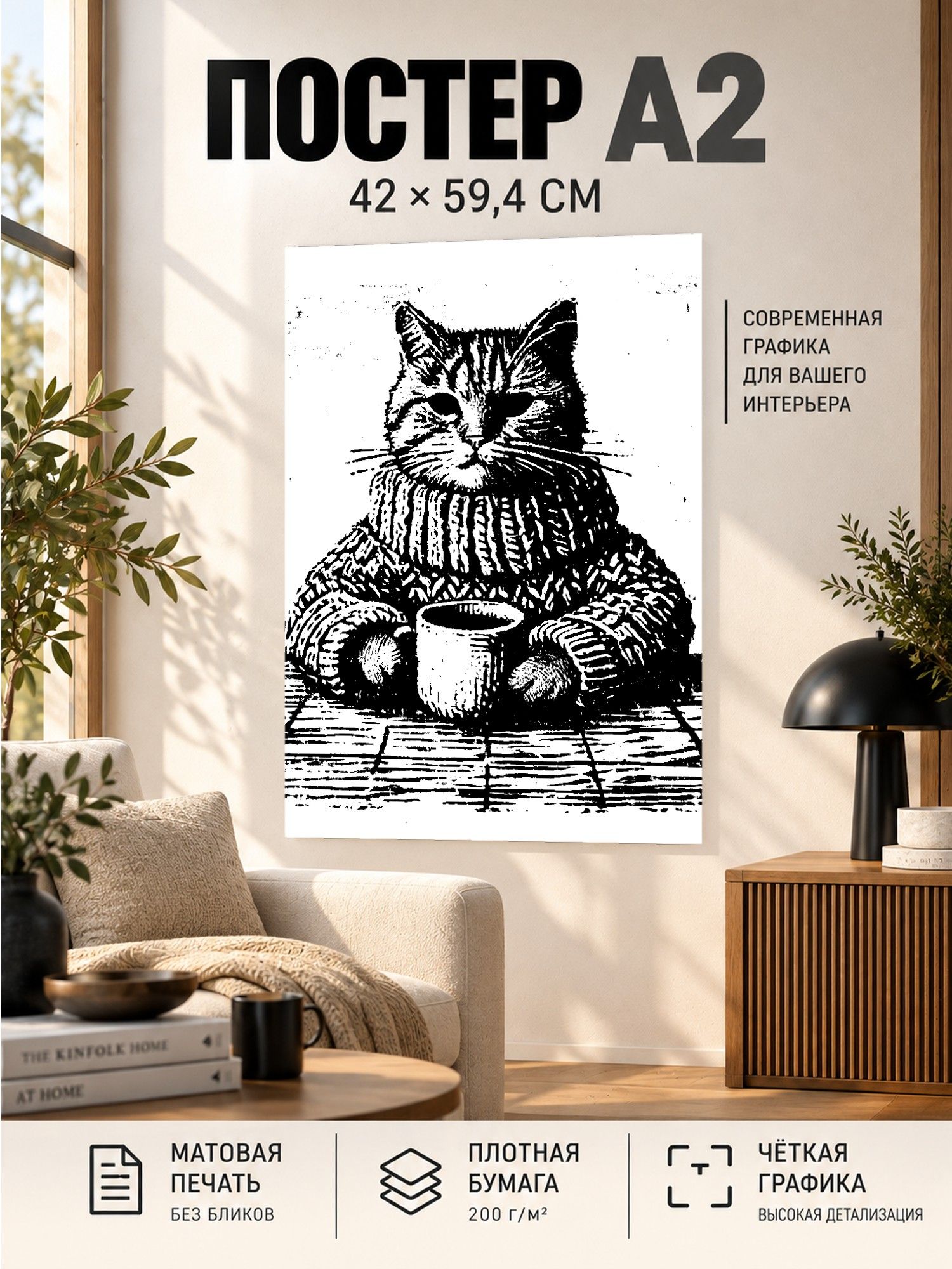 Постер Кот в вязаном свитере с кружкой , линогравюра, А2 (42 59 см)