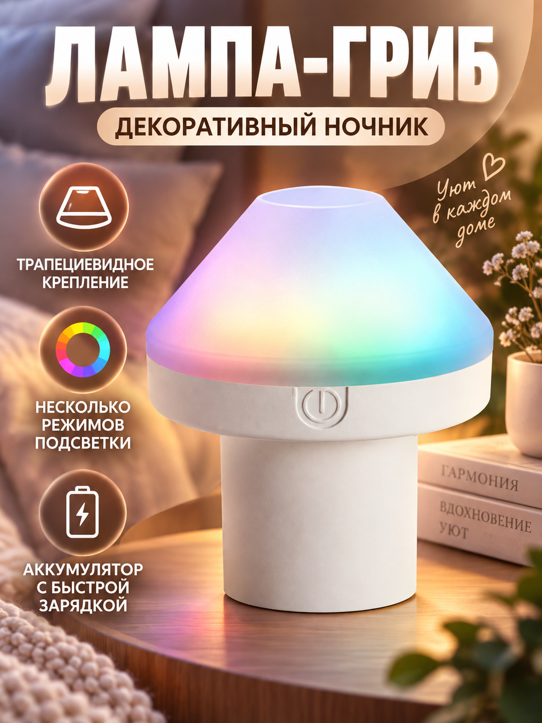 Лампа‑гриб для бутылки аккумуляторная RGB ночник с режимами подсветки для дома и террасы