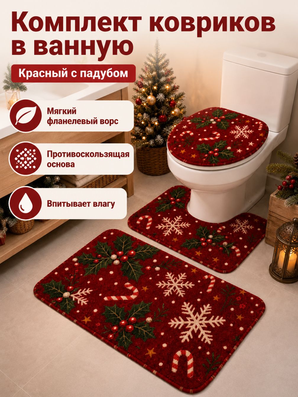 Комплект напольных ковриков для ванной из 3 предметов: прямоугольный, U-образный и под крышку унитаза, фланелевый, Рождественская коллекция красный