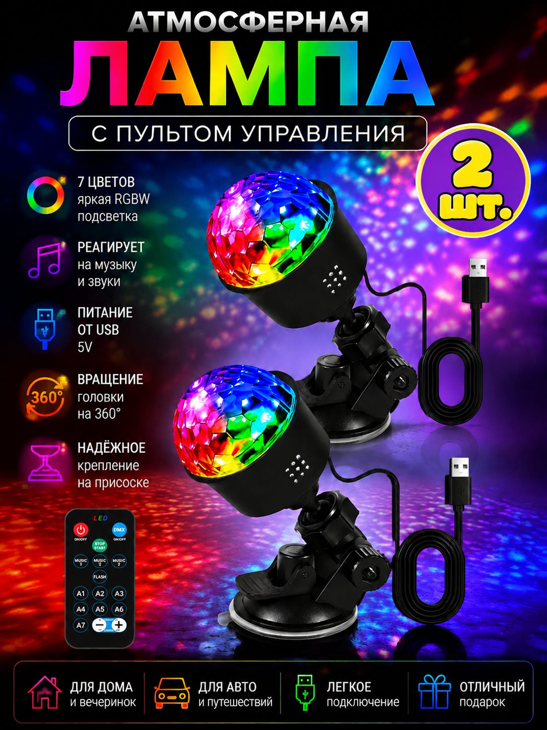 2 шт. Диско шар светодиодный / светомузыка для дома / проектор цветомузыка / Диско-шар