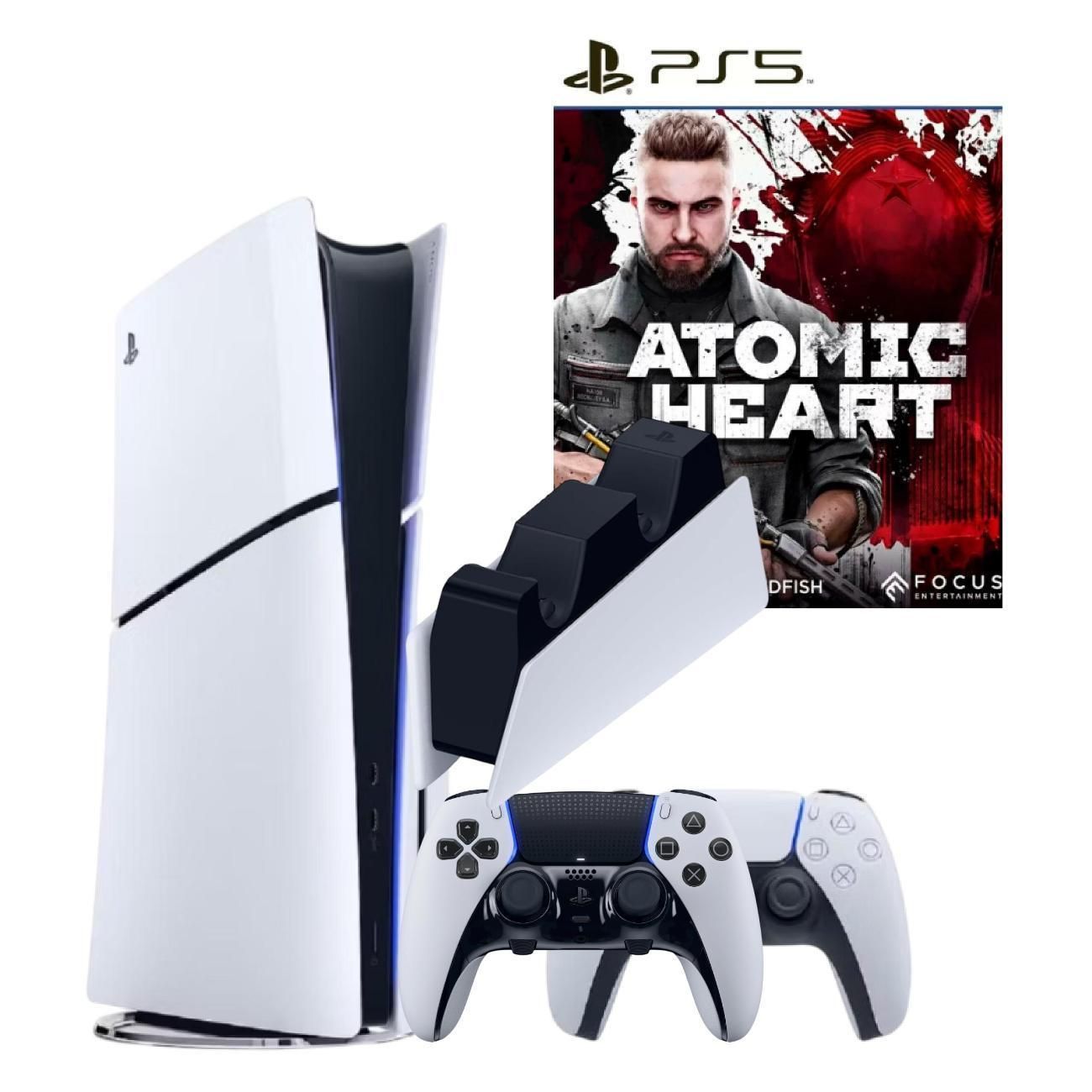 Игровая приставка Sony PlayStation 5 Slim Disk + 2й геймпад Edge White + игра Atomic Heart + станция зарядки