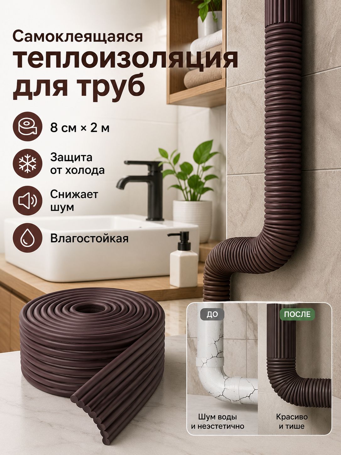 Монтажная лента самоклеящаяся звукоизоляционная для труб и утепления, 80 мм, длина 2.01 м, 1 шт в упаковке
