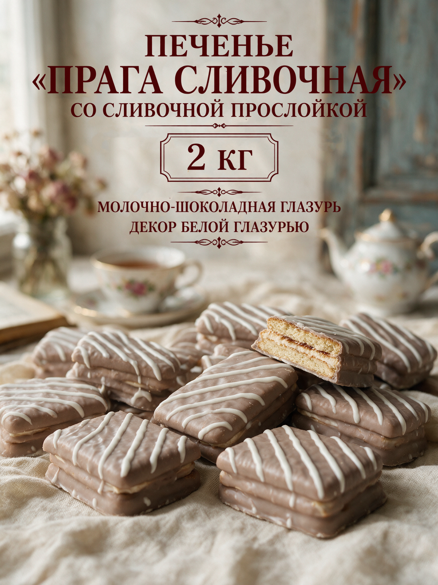 Печенье Прага сливочная 2 кг, десертное сахарное печенье с кремовой прослойкой и глазурью