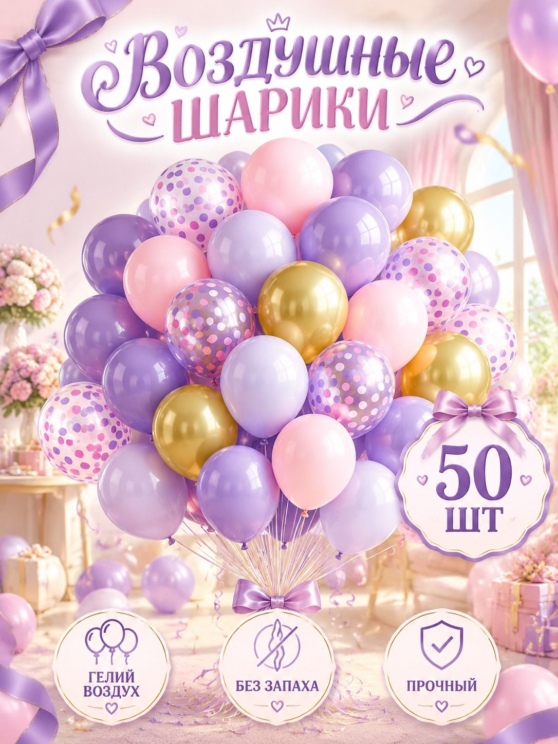 Воздушные шары-бабочки с конфетти, лавандовый, 50 шт