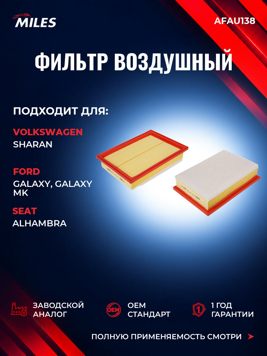 Фильтр воздушный MILES AFAU138 Фольксваген Sharan (7M8, 7M9, 7M6) VW Sharan (7M8, 7M9, 7M6) 1995-2010
