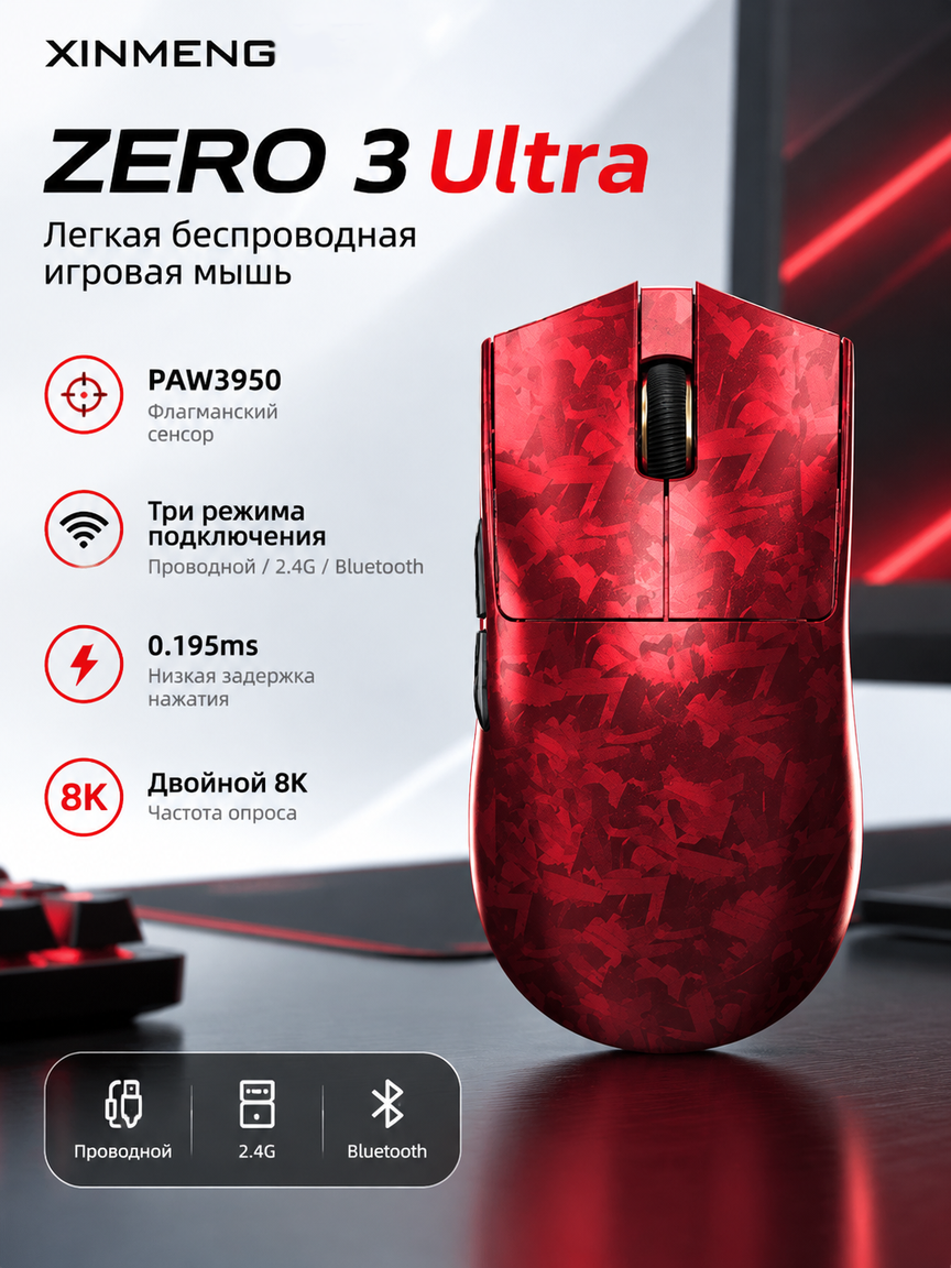 Игровая мышь XINGMENG ZERO3 Ultra трехрежимная сверхлёгкий корпус из композитного карбона, сенсор PAW3950