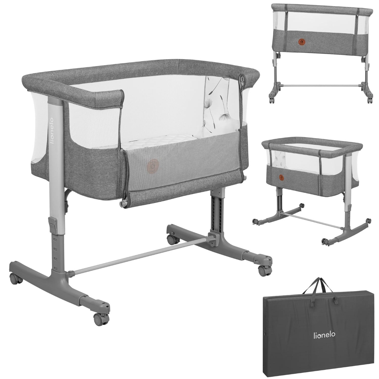 Колыбель Lionelo Aurora приставная кроватка 3в1, серый, grey concrete, 92x69x82 см, 9 кг
