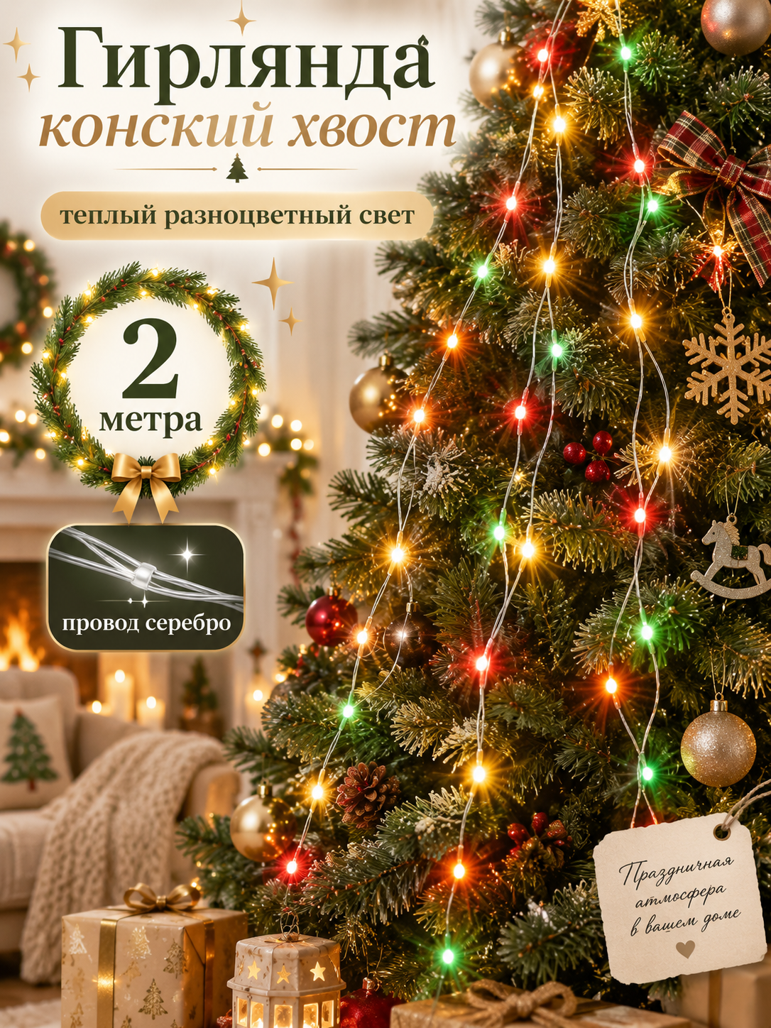 Гирлянда конский хвост роса на елку 2 м (провод серебро), разноцветный свет