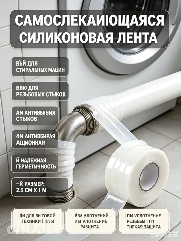 Самоспекающаяся силиконовая лента термостойкая для труб отопления и горячей воды 2.5см х 1м, белый сантехнический уплотнитель для ликвидации течи под давлением