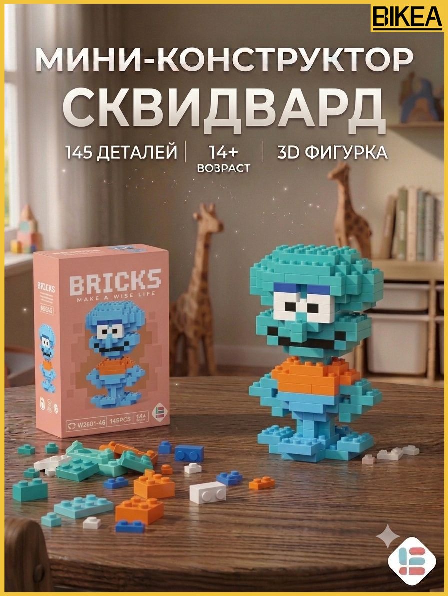 Мини-конструктор 3D Сквидвард из миниблоков, пластиковый блочный конструктор-фигурка осьминог, развивающая игрушка для детей и взрослых, подарок мальчику и девочке 6+