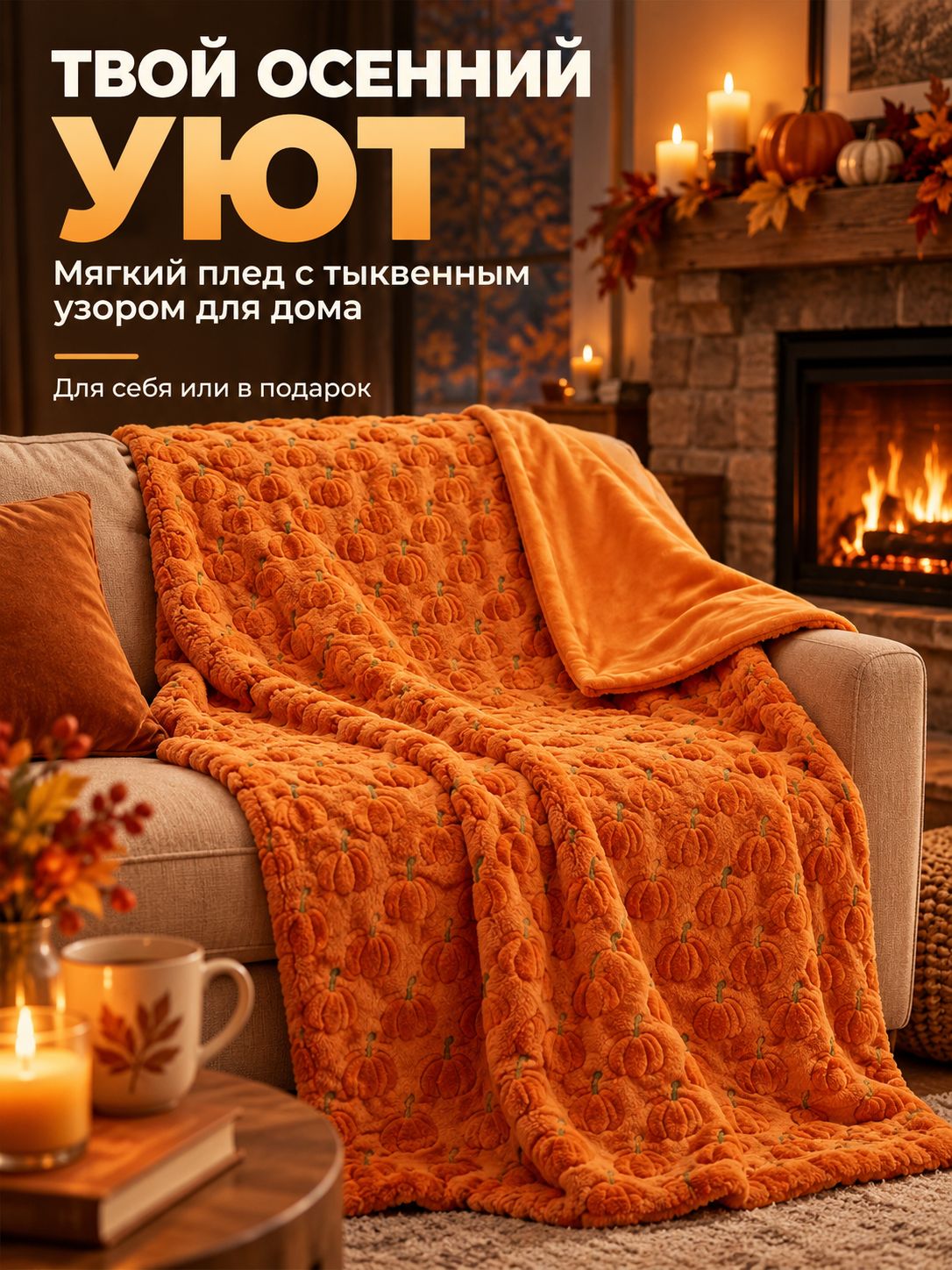 Плед двусторонний 80x120 см полиэстер оранжевый с принтом Хэллоуин, 3d-эффект, мягкий плюш, легкий, для дивана и кровати