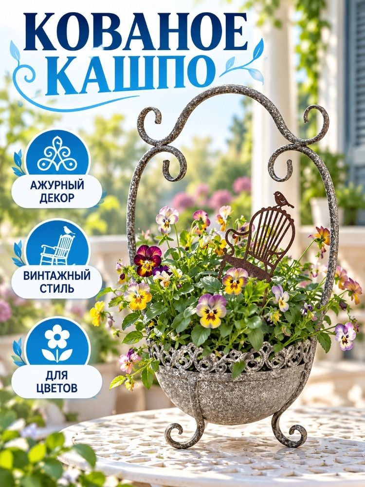 Цветочный горшок из кованого железа, 1 штука