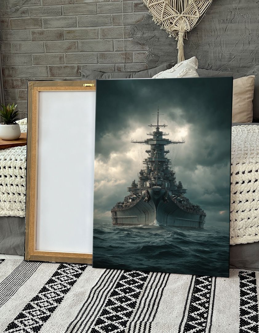 Картина на холсте (военный корабль, море, шторм, облака, корабль, драматическая атмосфера, освещение) 20x30 см. Интерьерная на стену. Украшение