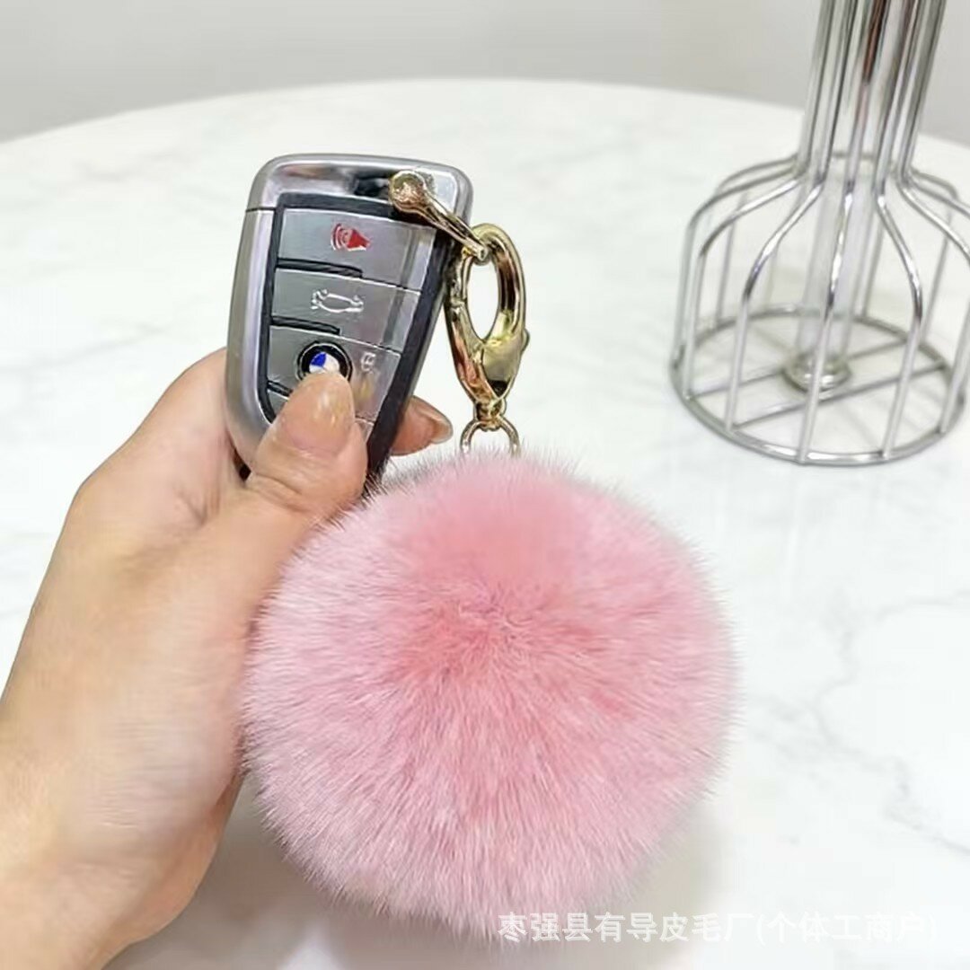Ключница из натурального меха лисы с большим помпоном, подвеска для сумки, женский аксессуар Розовый