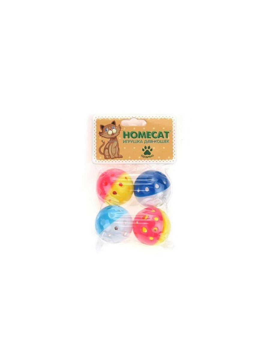 HOMECAT Игрушка для кошек мячи пластиковые горошек с колокольчиком, 4 шт, диаметр 4 см