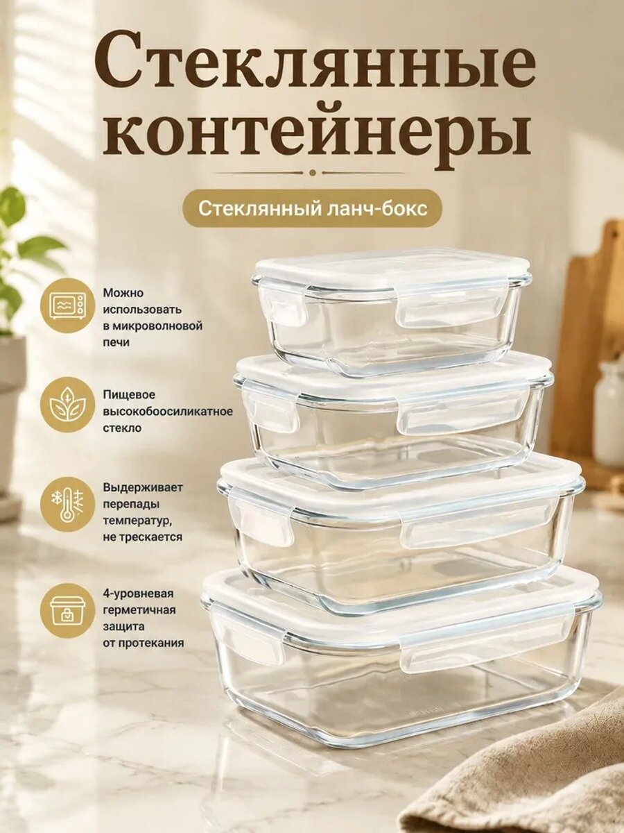 Контейнер пищевой 1500 мл, 370 мл, 660 мл, 1050 мл 4 шт стекло