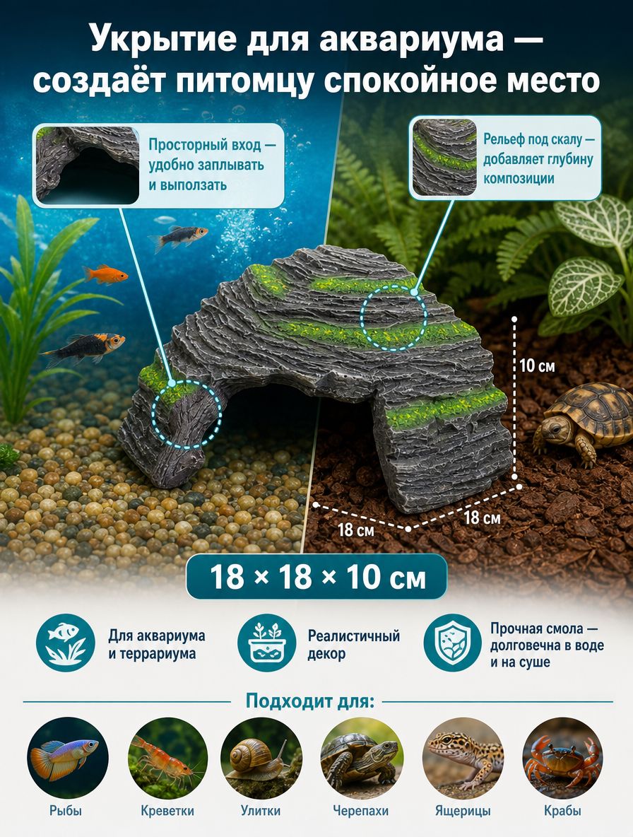Укрытие для аквариума, декоративная пещера 18 x 18 x 10 см, под камень со мхом, для рыб, креветок и рептилий, грот для