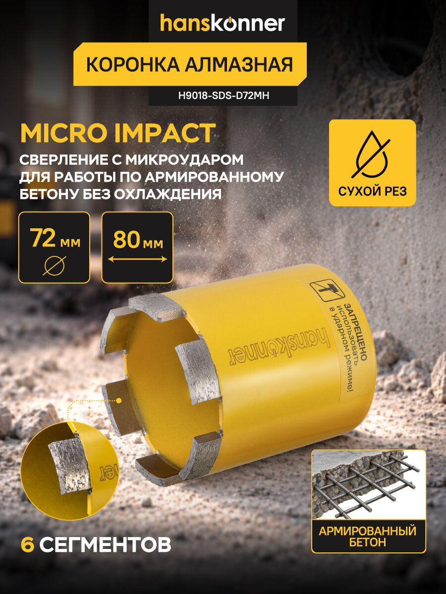Коронка алмазная по армированному бетону 72x80 мм, 6 сегментов, MICRO HIT, Hanskonner H9018-SDS-D72MH