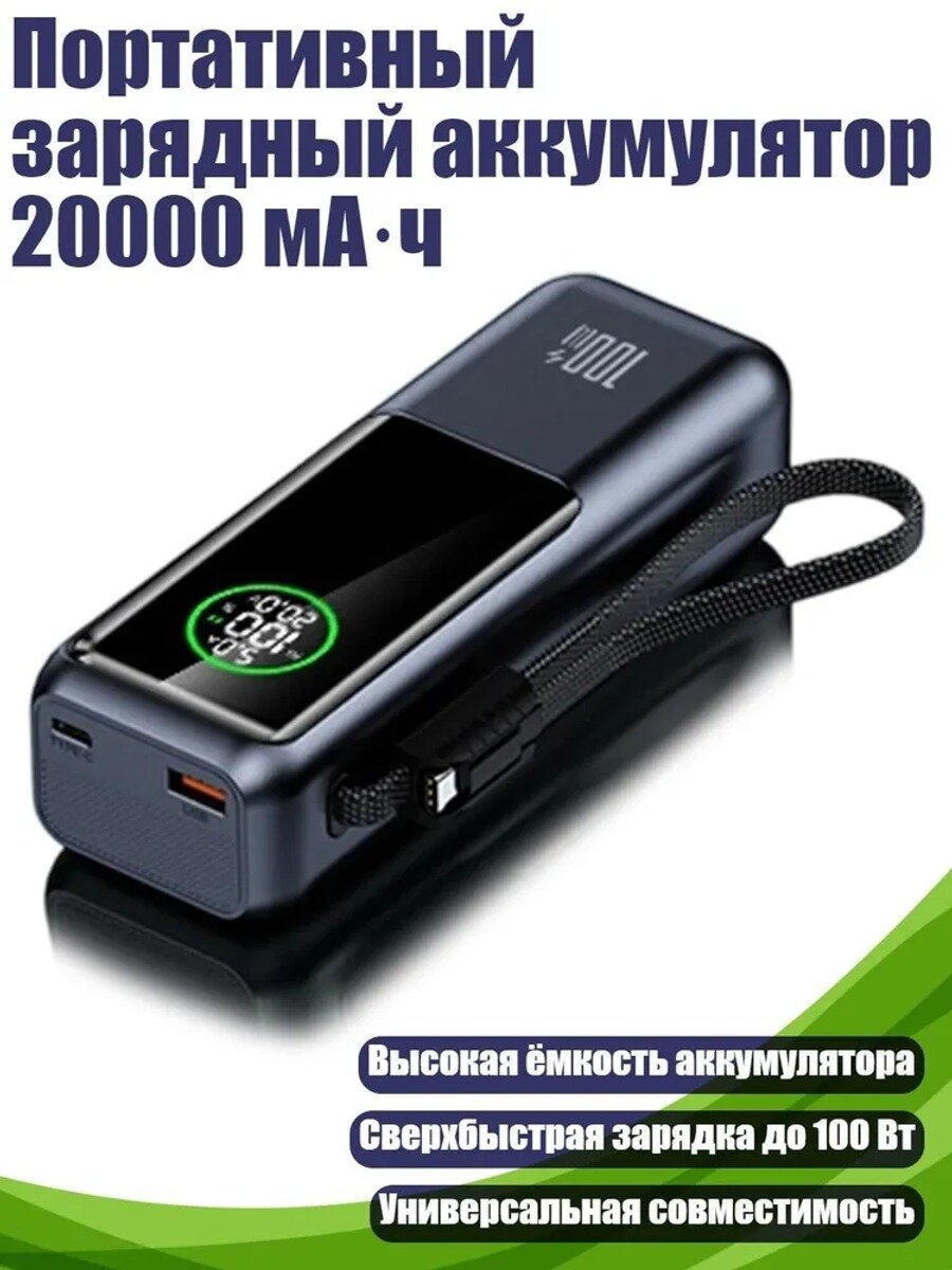 Портативный зарядный аккумулятор 20000 мА·ч серый, быстрая зарядка 100 Вт