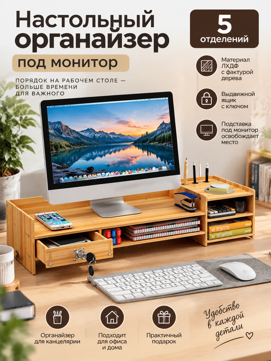 Органайзер настольный под монитор, 5 отделений, выдвижной ящик, лхдф, коричневый