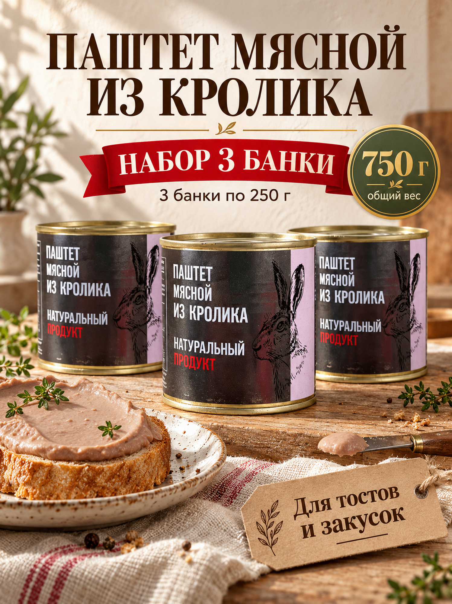 Паштет мясной из кролика натуральный консервированный стерилизованный, набор 3 банки по 250 г, 750 г