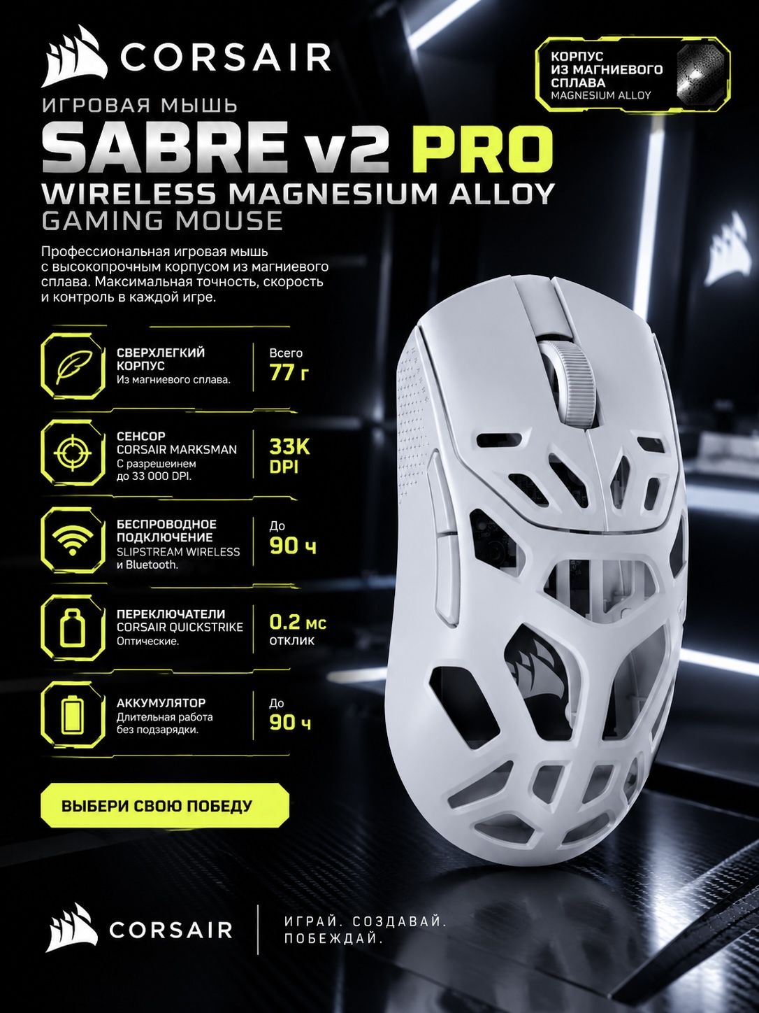 Мышь Corsair SABRE v2 PRO WIRELESS MAGNESIUM ALLOY Gaming Mouse White