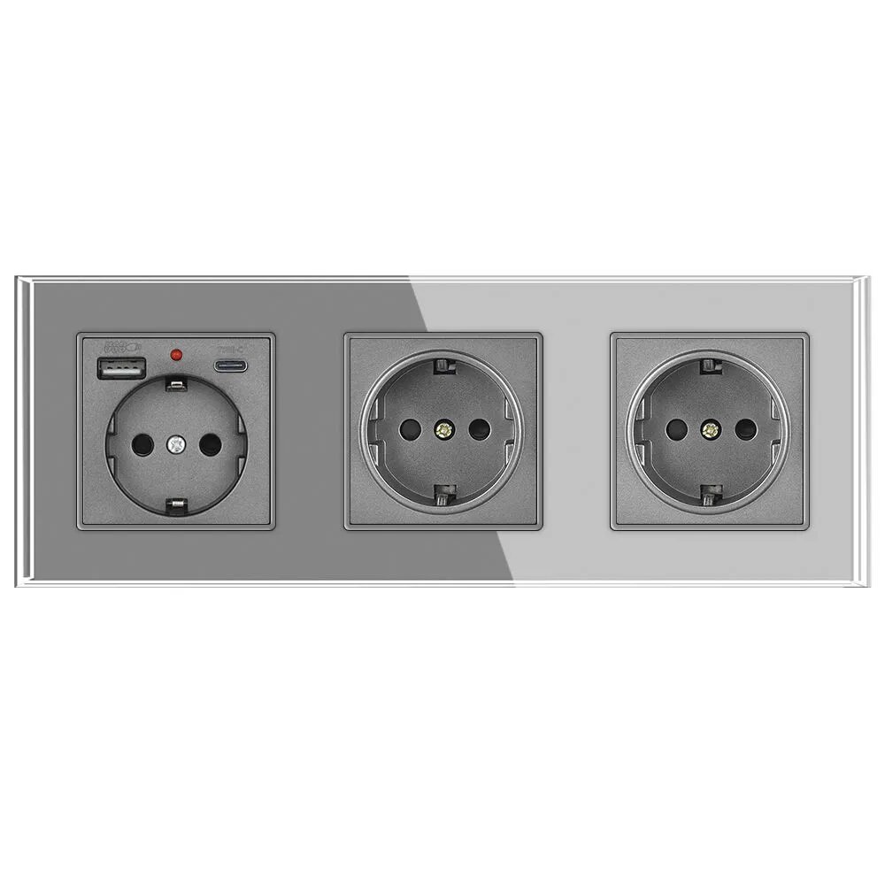 Розетка тройная 3 поста с usb и type c,16А 250В, со шторками, рамка закаленное стекло, цвет серый,1шт.