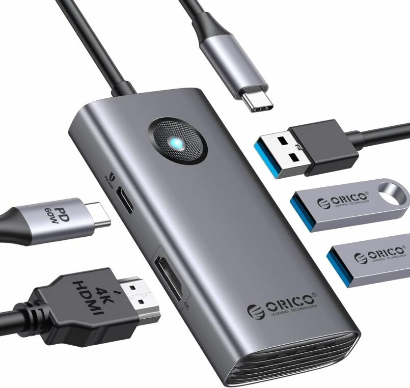 Многофункциональная док-станция 5-в-1, 1xUSB-A 3.0, 2xUSB-A 2.0, 1xUSB-C PD, 1xHDMI, ORICO PW11-5P