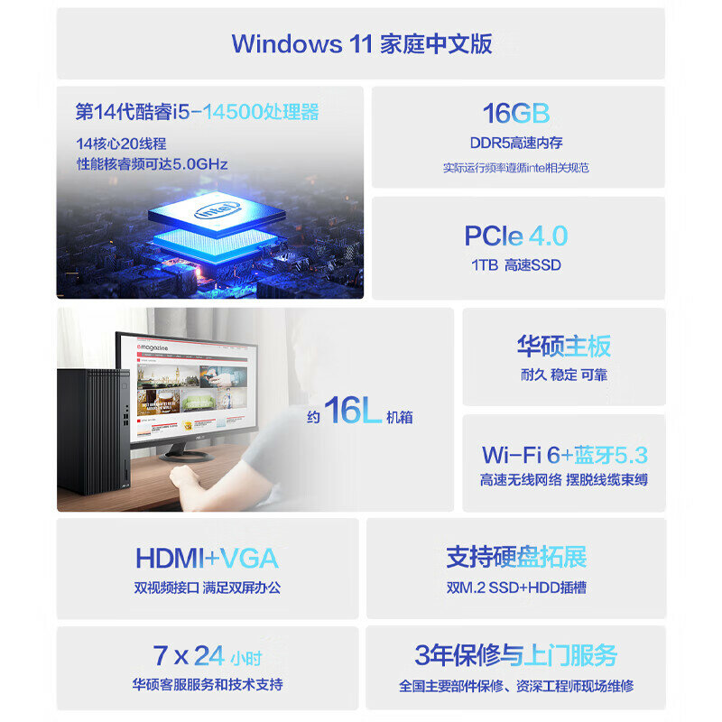 ASUS Dawn 6X настольный компьютер с процессором Intel Core i5-14500 14-го поколения 16 ГБ DDR5 1 ТБ SSD крупный корпус