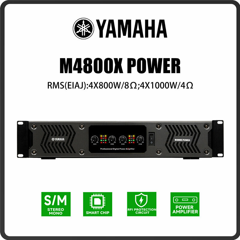 Цифровой двухканальный усилитель мощности Yamaha M4800X, среднеквадратичная мощность (EIAJ) 2800 Вт/8, 21000 Вт/4, переключение стерео/моно, интеллектуальный чип, защита от радиочастотных помех.