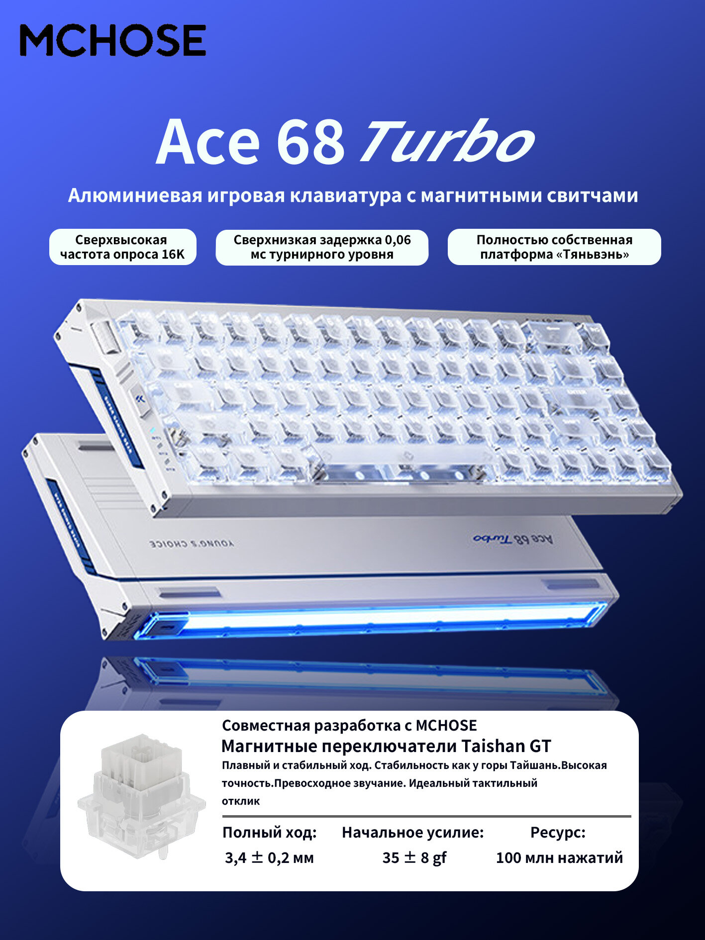 Клавиатура MCHOSE Ace 68 Turbo, 16K Гц, магнитная, белыйалюминий, для игр