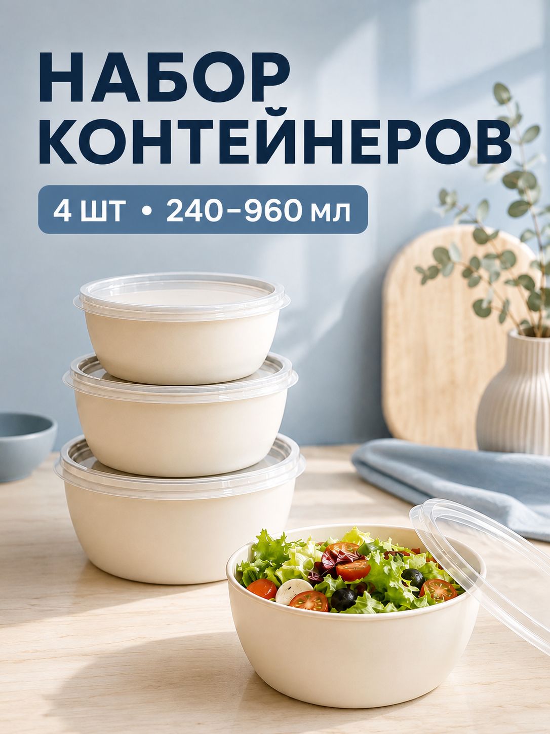 Контейнер для еды, набор 4 шт, герметичные пластиковые контейнеры с крышками, для хранения продуктов, холодильника и микроволновки, белый, 240-480-720-960 мл