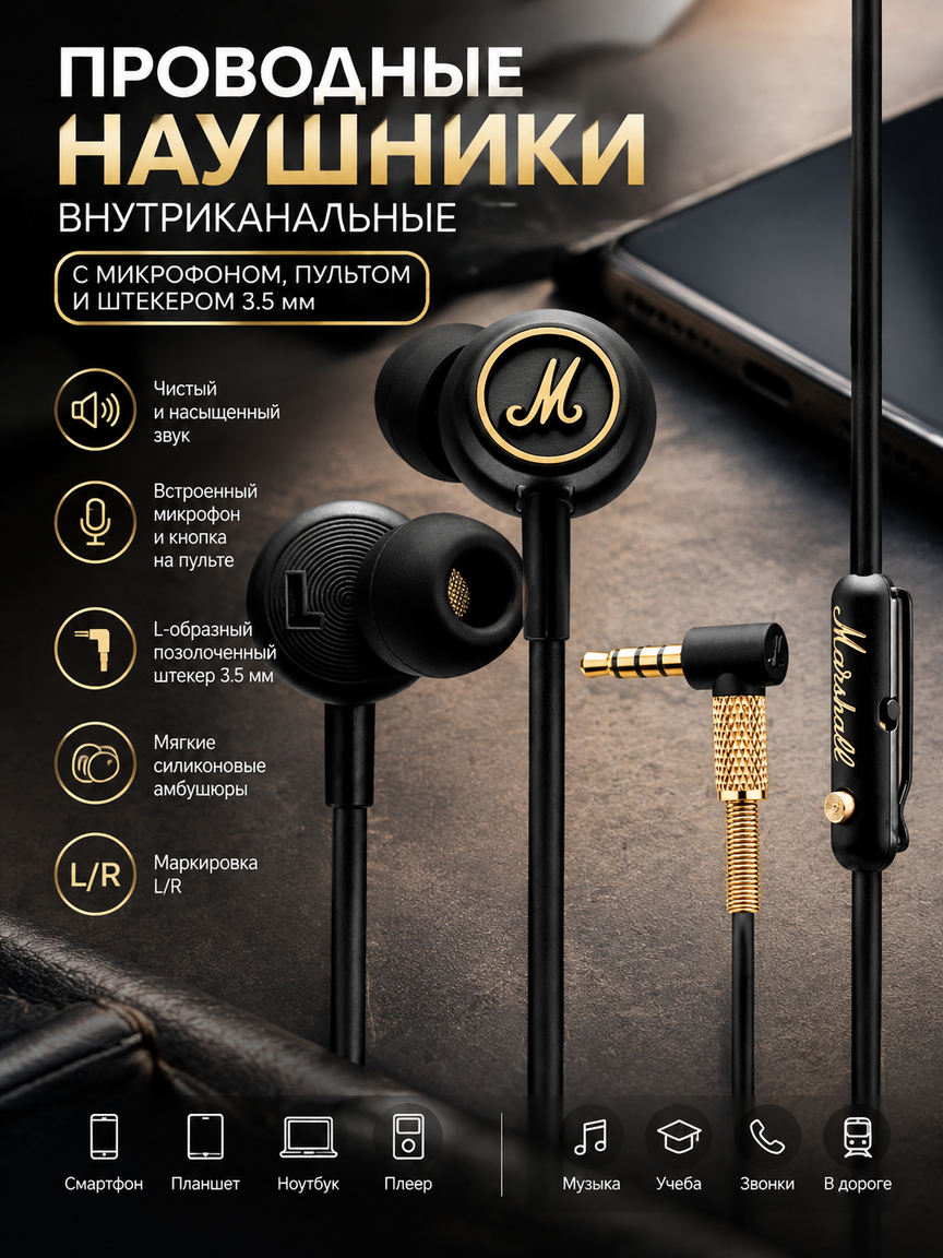 Проводные внутриканальные наушники с микрофоном, пультом и штекером 3.5 мм, черные