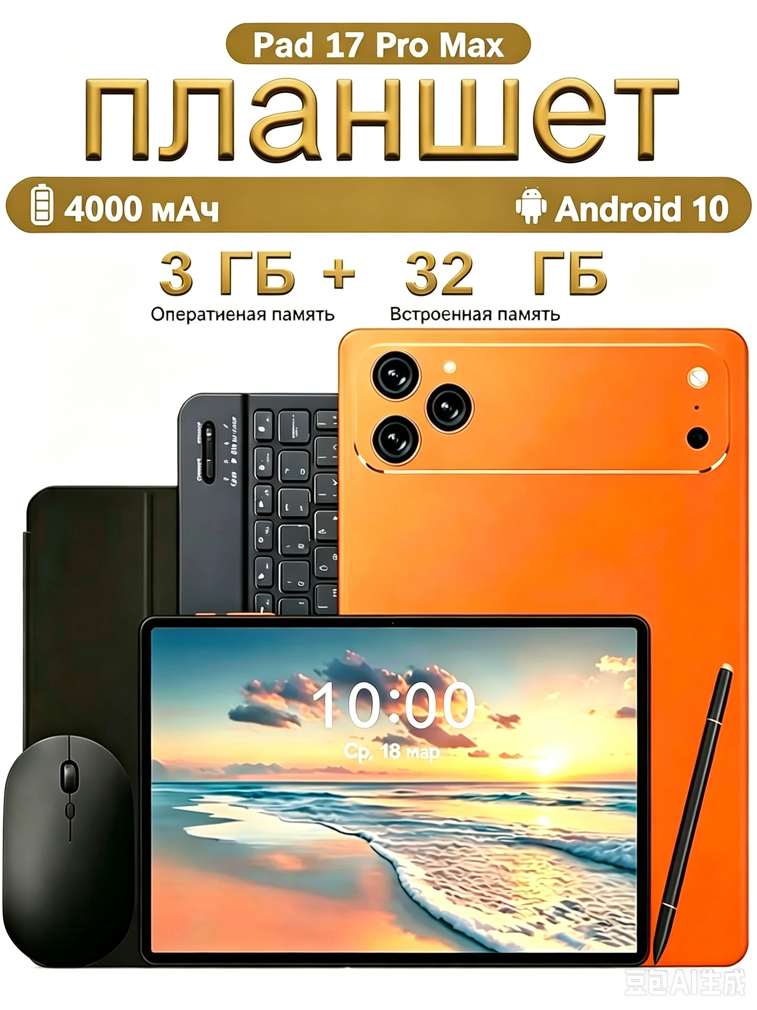 Планшет E17 Pro, подходящий для работы, учебы, игр и общения, 11,6 дюйма, 3 ГБ/32 ГБ, оранжевый