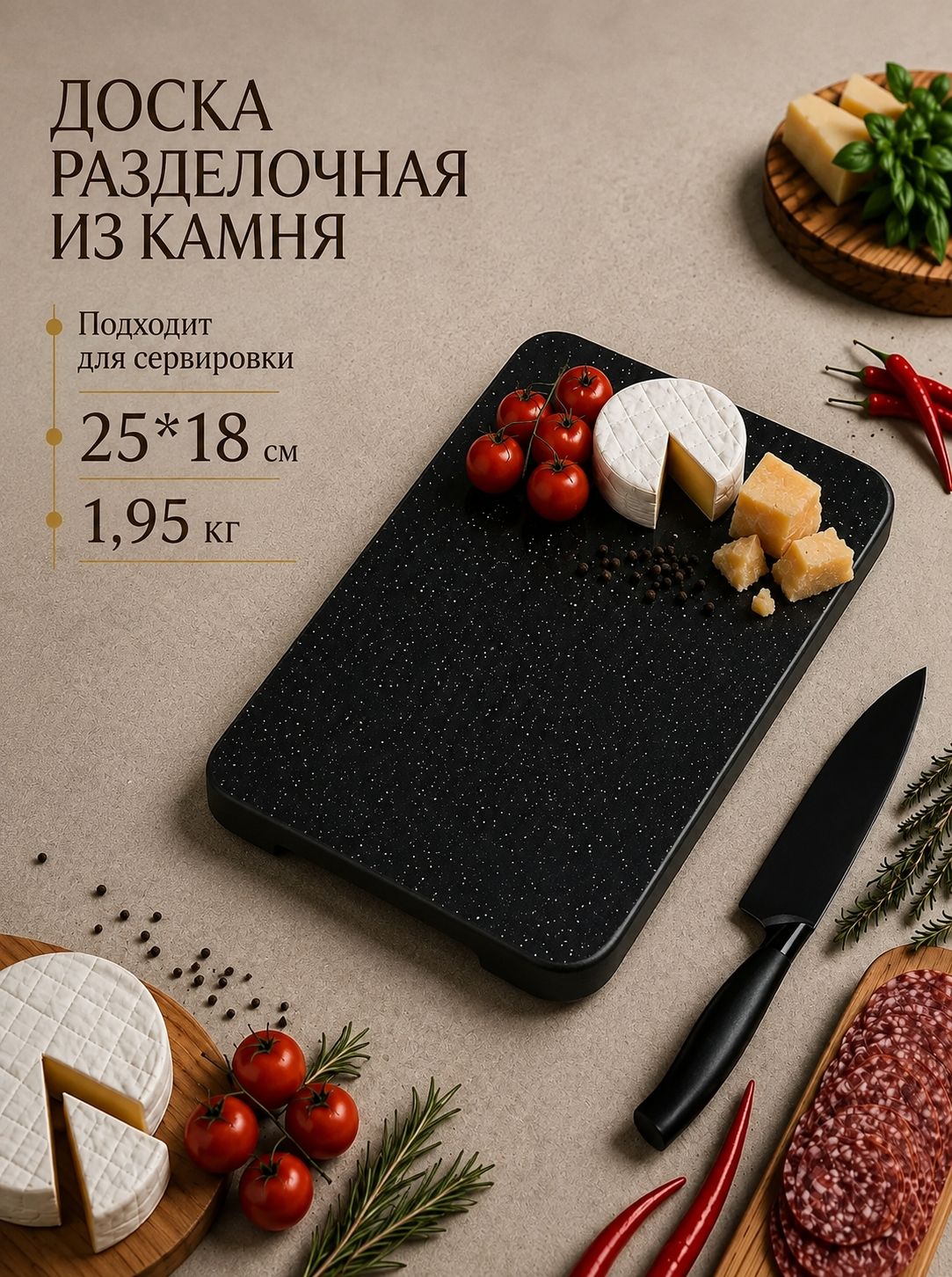 Каменная разделочная доска 25*18*2 см, сервировочная доска из камня для нарезки и подачи блюд