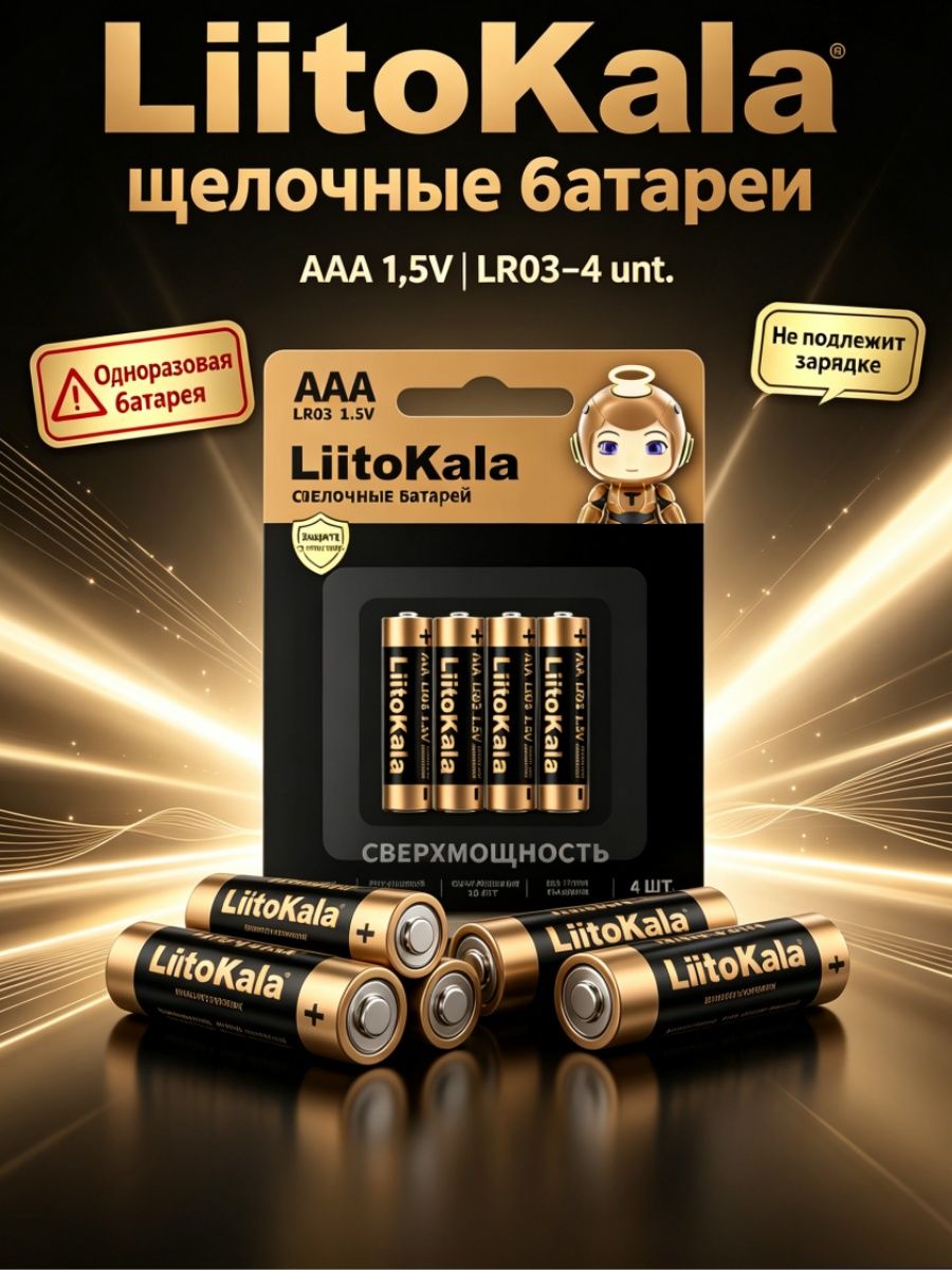 4 одноразовые щелочные батарейки LiitoKala 1,5 В типа AAA (LR03) с защитой от утечки, экологичные, подходят для пультов дистанционного управления и игрушек